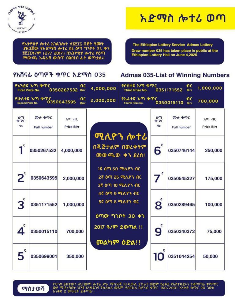 Admas Digital Lottery 035 Ginbot 2017 (Jun 2025) Results & Winning ...