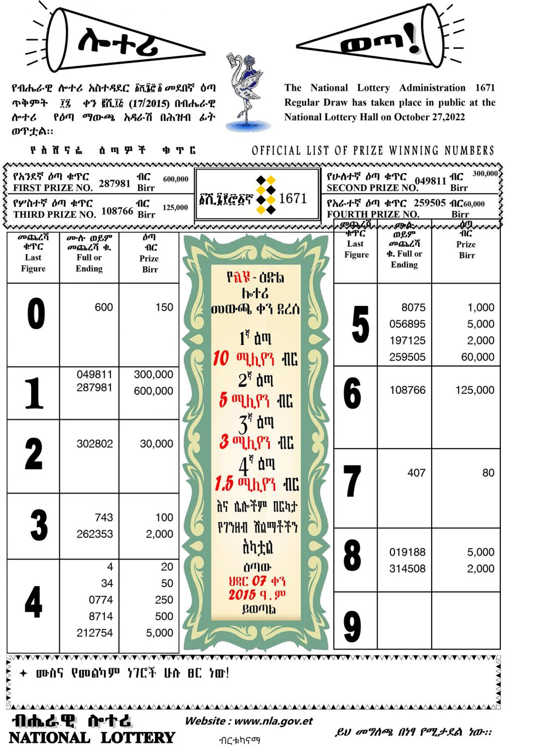Regular Draw Lottery 1671 for October 27, 2022 (ጥቅምት 17 ፤ 2015) Winning ...